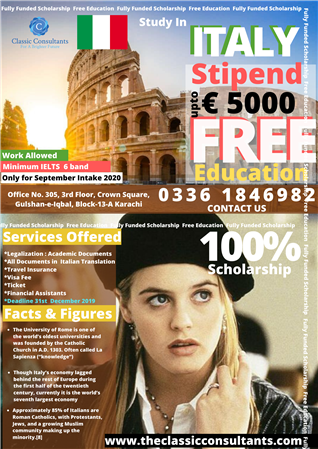 Study in Italy Free Education + Yearly Stipend 5200 Euro